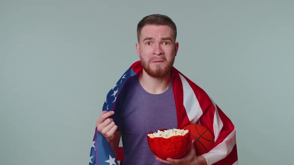 Bearded Young Man Basketball Fan Eating Popcorn Doing Winner Gesture ...