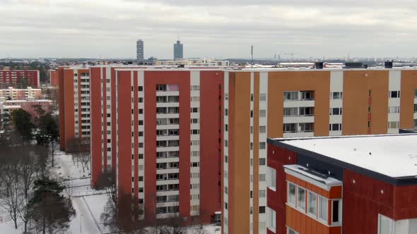 Winter Aerial Flyover High Rise Apartment Buildings Stockholm, Sweden ...