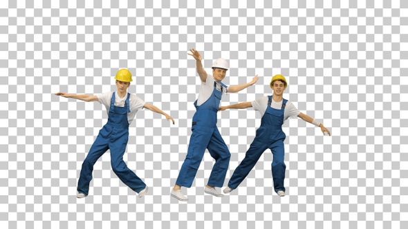 Three Caucasian Construction Workers Dancing, Alpha Channel, Stock Footage