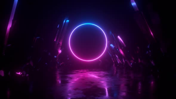 Neon Glowing Ring And Reflected Crystals Background, Motion Graphics