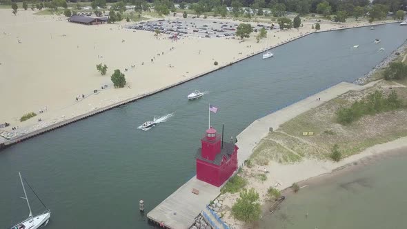 Aerial view of Holland Harbour Light (Big Red Lighthouse) and ...