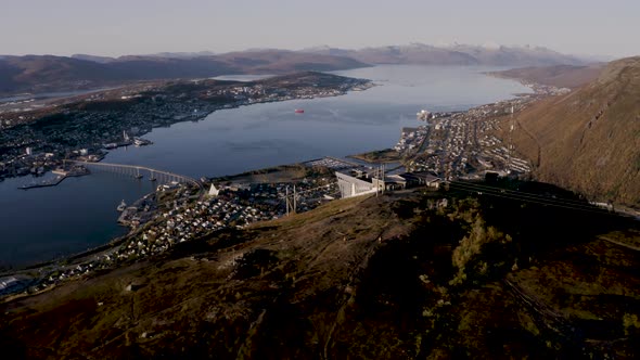 Aerial top down shot Of Tromso view From Fjellheisen viewpoint during ...