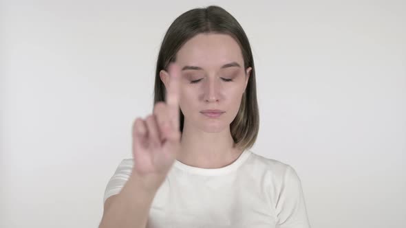 Young Woman Waving Finger To Refuse on White Background, Stock Footage