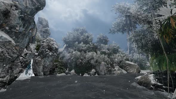 Panorama of the waterfall when it's snowing, Motion Graphics | VideoHive