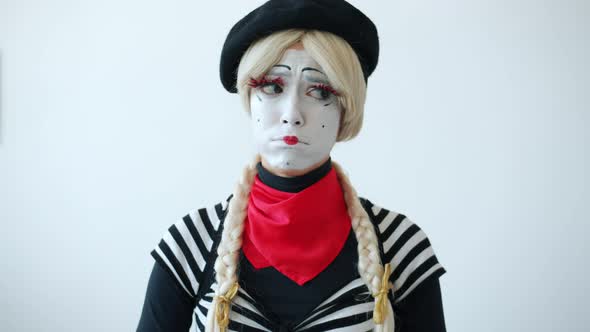 Slow Motion Portrait of Upset Girl Mime Sobbing and Crying on White ...