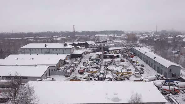 Aerial View Snowy Industrial Warehouse, Stock Footage | VideoHive