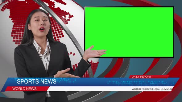 Live News Studio With Asian Professional Female Anchor And Green Screen ...
