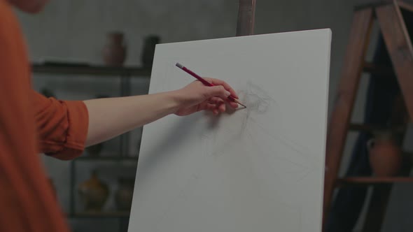 Artist Hand Plotting Details of Sketch with Pencil on Canvas, Stock Footage