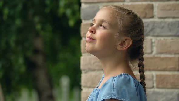 Happy Female Child Looking Around Standing Outdoor House Balcony ...
