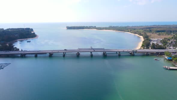 Aerial view top down view Sarasin Phuket Bridge transport over sea ...