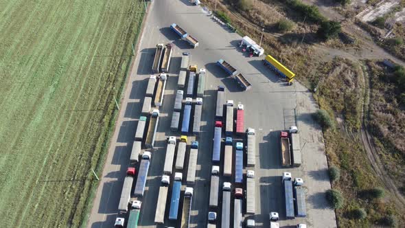 View From Above on a Large Queue of Trucks Waiting at the Port Terminal ...