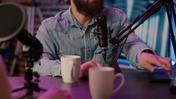 Closeup of Online Radio Station Host Recording Podcast Interview with ...