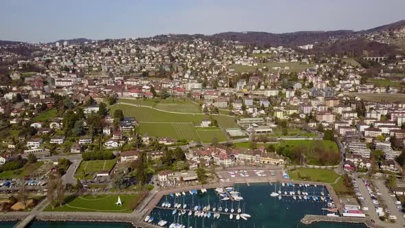 Drone view of Pully and its port on Lake Geneva. Vaud, Switzerland ...