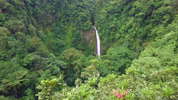 Aerial fly over of Costa Rica jungle toward popular tourist attraction ...