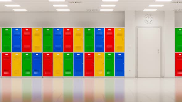 Seamless looping animation of a bright school hallway. Endless rows of ...