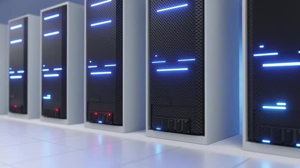 White Server Room of a Data Center or ISP with Blue Twinkling Lights ...