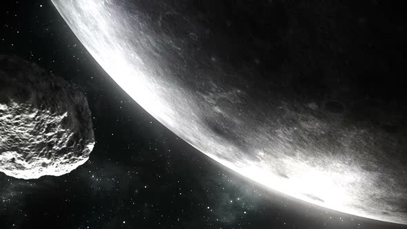 Closeup animation of meteoroid orbiting the planet in infinite outer ...