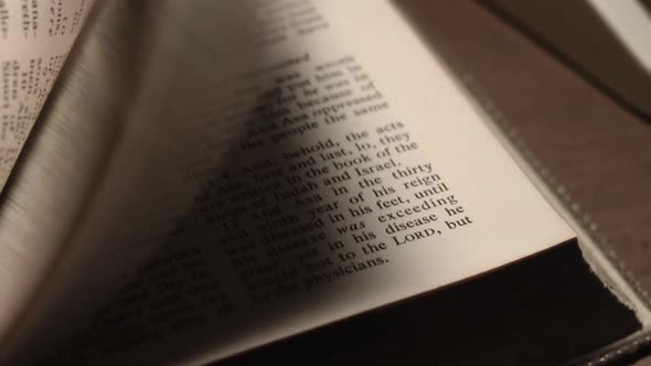 Flipping through bible finding right page fast, bible study, close up ...