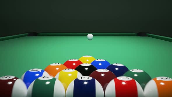 Breaking the rack in the pool. A strong, professional shot of cue ball ...