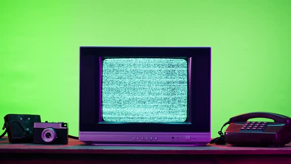 Old Television with Grey Screen on Chroma Green Background, Stock Footage