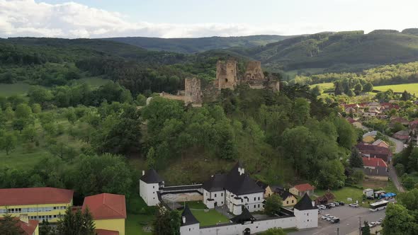 Aerial view of Divin Castle in the village of Divin in Slovakia, Stock ...