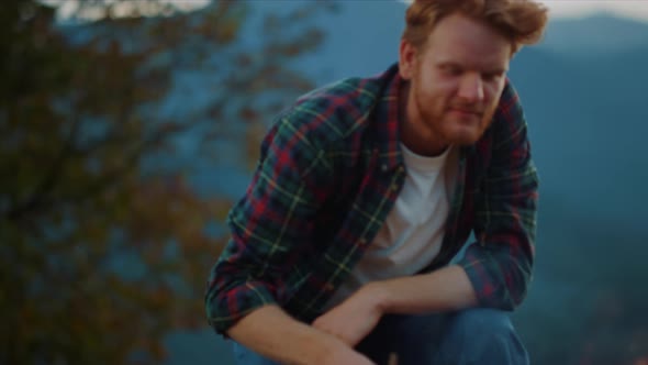 Closeup Ginger Traveler Camping on Dusk, Stock Footage | VideoHive