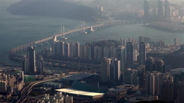 Timelapse Busan Bay with Highway and Bridge in Morning Mist, Stock Footage