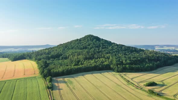 Aerial view of Ostrzyca Proboszczowska - extinct volcano in Poland ...