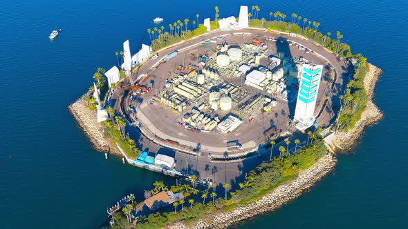 Long Beach oil refinery island | Aerial Orbiting Shot | Late afternoon ...