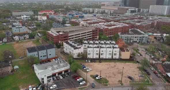 Aerial view of neighborhoods in the Houston Third Ward area across from ...