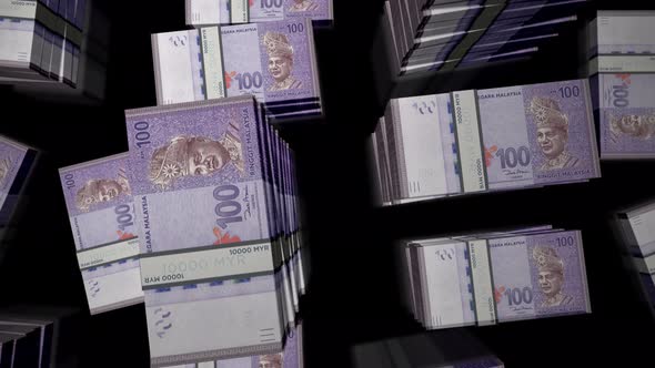 Flight over the Malaysia Ringgit money banknote packs loop, Motion Graphics