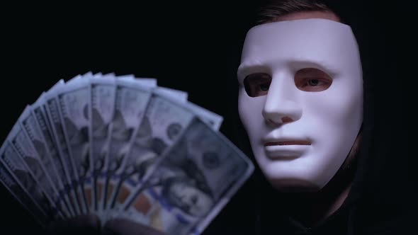 Smiling Boss of Mafia in Mask Holding Bunch of Dollars, Robbery, Dark ...