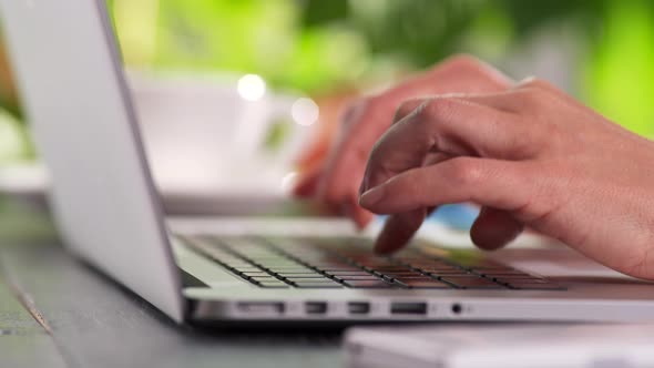 Pressing Buttons of Laptop, Typing Text in Outdoor Workplace, Female ...