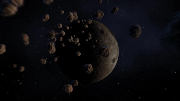 Asteroid belt. Dense meteoroid swarm is fast moving towards the grey ...