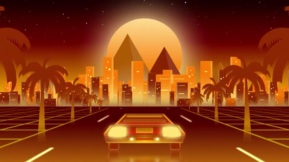 Animation of back of car driving at night towards lit cityscape, Motion ...