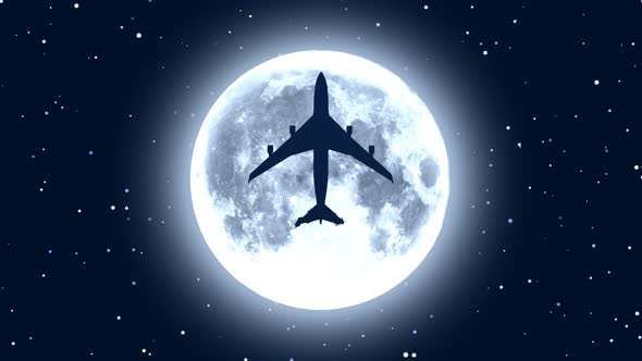 Passenger Airplane Flying over Moon in Starry Night, Motion Graphics