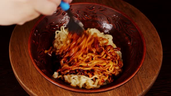 Readymade Instant Noodles with Condiment and Spicy Sauce in Plate on ...