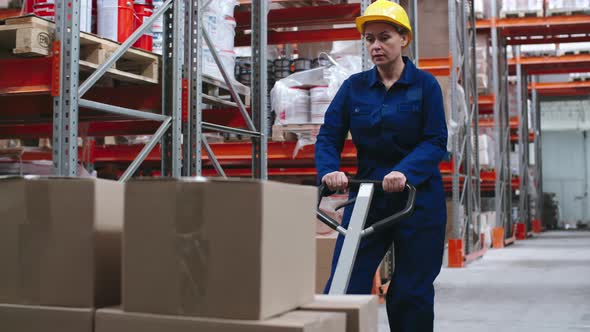 Female Worker Pulling Cart through Warehouse, Stock Footage | VideoHive