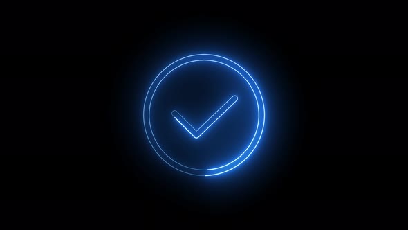 Blue light glowing check mark icon. Check mark symbol glowing neon ...
