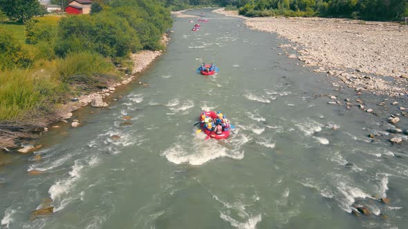 Aerial View Rafting Many Boats on a Mountain River for Rafting, Stock ...