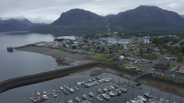 Drone shot of the village of Metlakatla above the beautiful harbor on ...