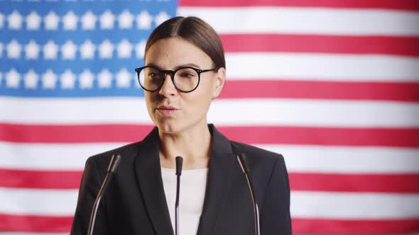 Female U,S, Politician Giving Public Speech during Press Conference ...