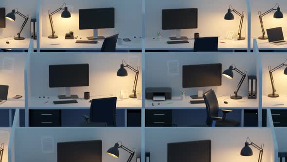 Row of endless cubicles in white, modern office space. Contemporary ...
