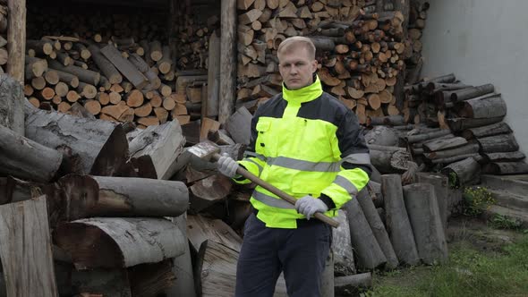 Lumberjack in Reflective Jacket. Man Woodcutter with Big Axe. Sawn Logs ...