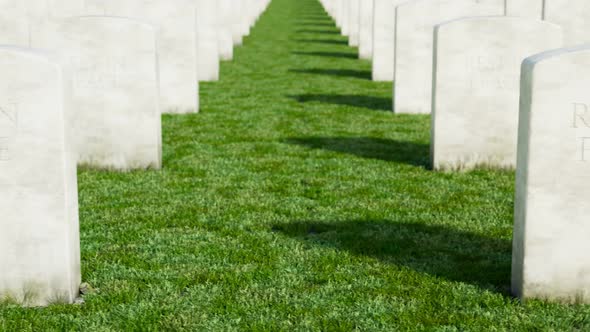 Endless animation of the graveyard. Marble tombstones one by one. Front ...