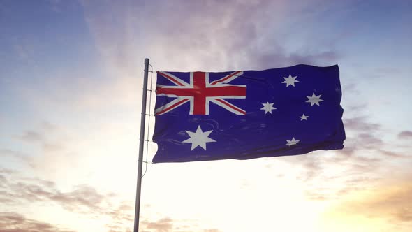 Australia Flag Waving in the Wind Dramatic Sky Background, Motion Graphics