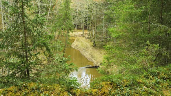Establishing shot of Riva river valley (Latvia) in sunny spring day ...