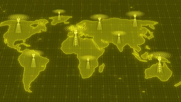 Yellow Color Network Tower Wave Signal Animated On World Map, Motion ...