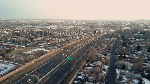 HIghway traffic of I25 highway with the downtown Denver skyline in the ...