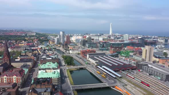 Aerial view of the Malmo Central Station on the background of the ...